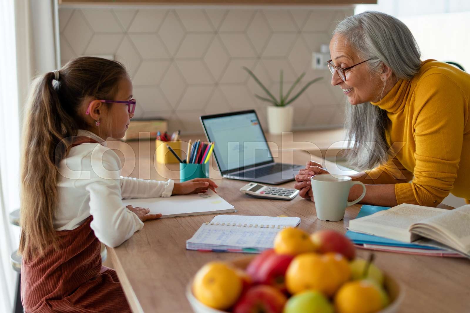 Small girl with senior grandmother doing homework at home. | Stock ...