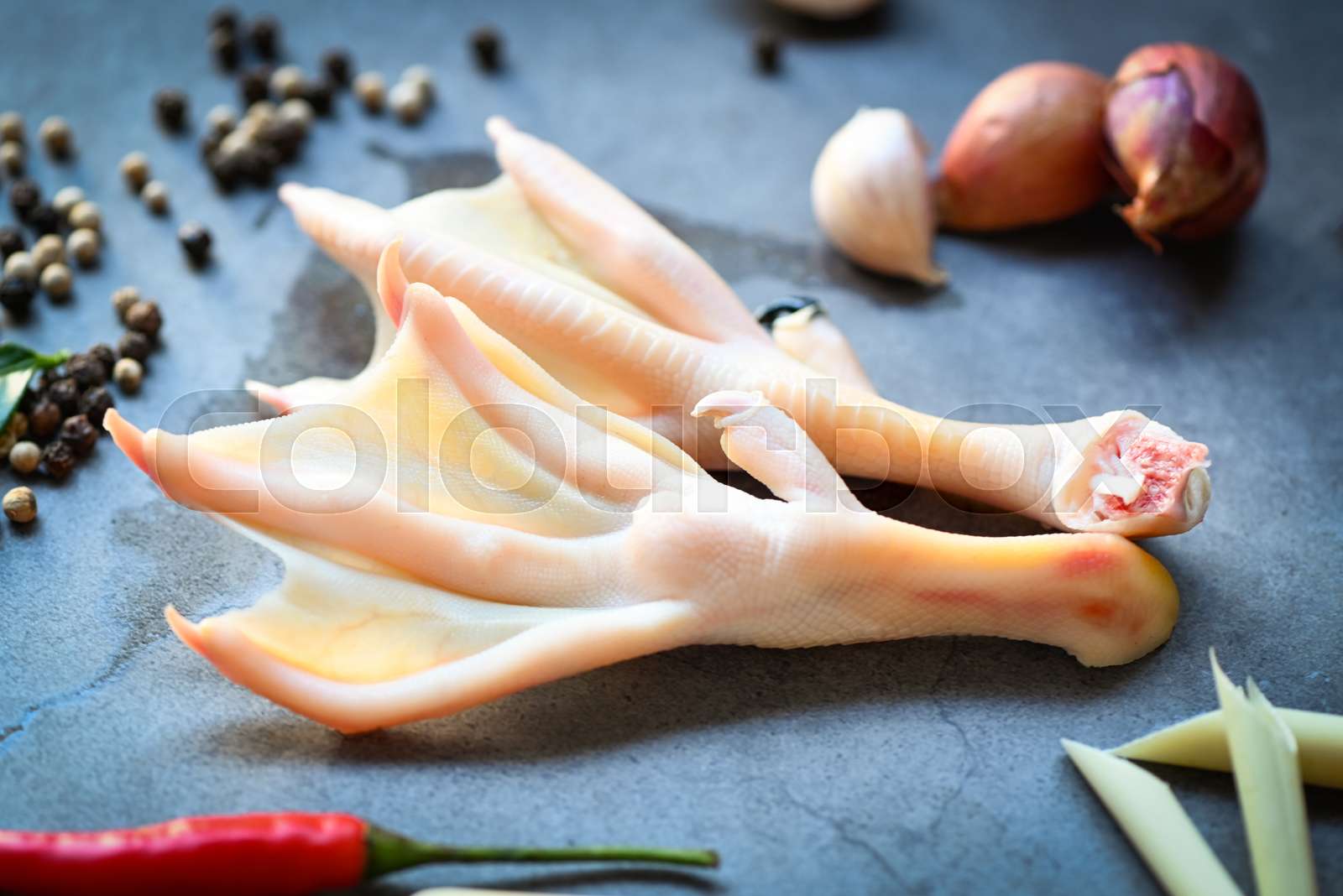 duck feet with herb spices ready to cook on plate, Fresh feet duck for ...