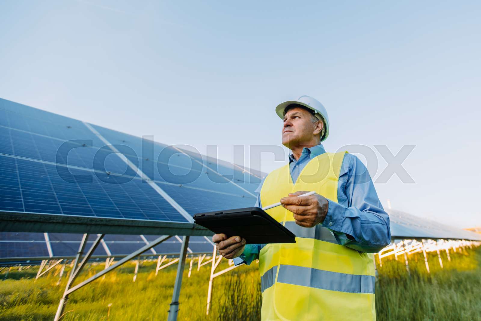 Engineer man working at alternative energy farm. Alternative eco energy ...
