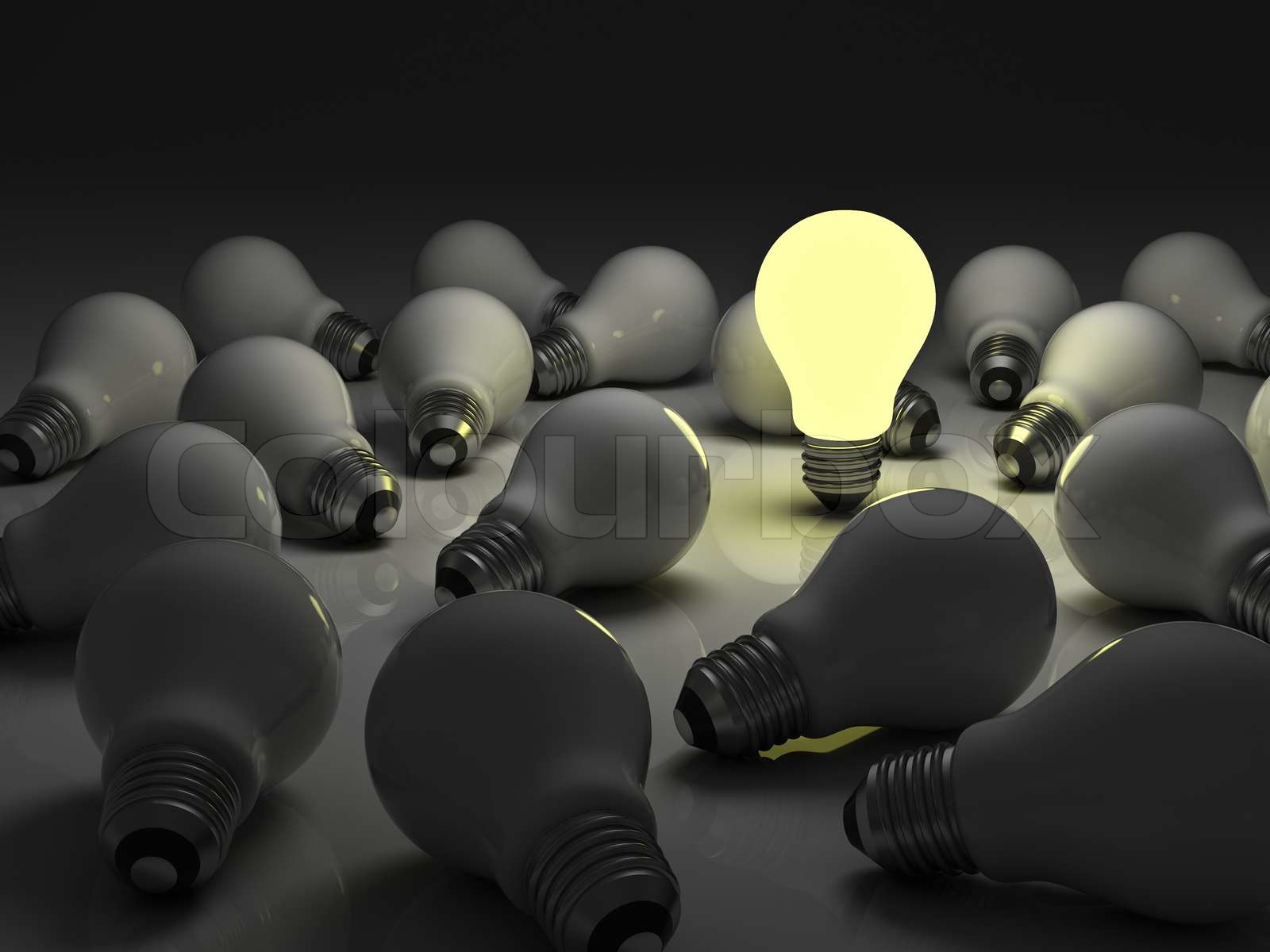 One glowing light bulb standing out from the unlit incandescent bulbs ...