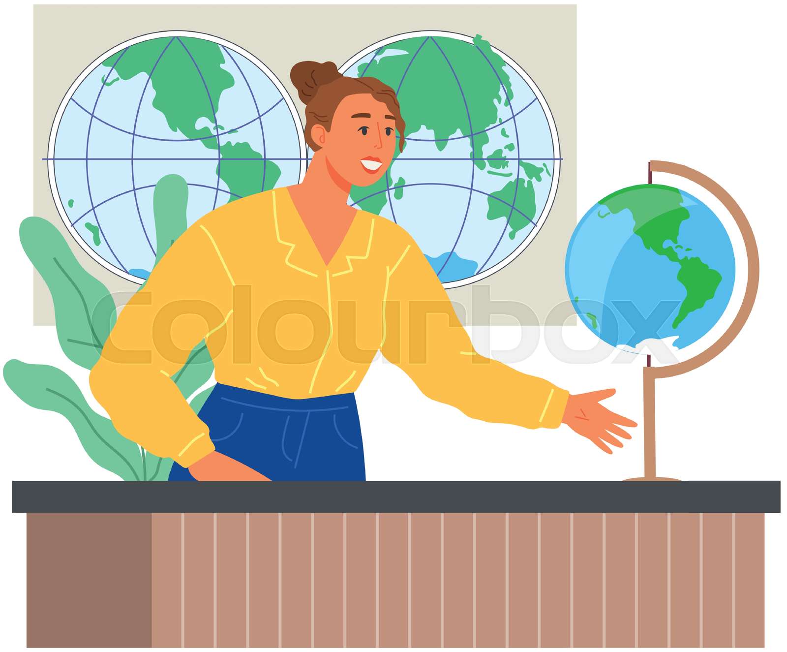 Teacher during geography lesson. Woman talking about planet with globe ...