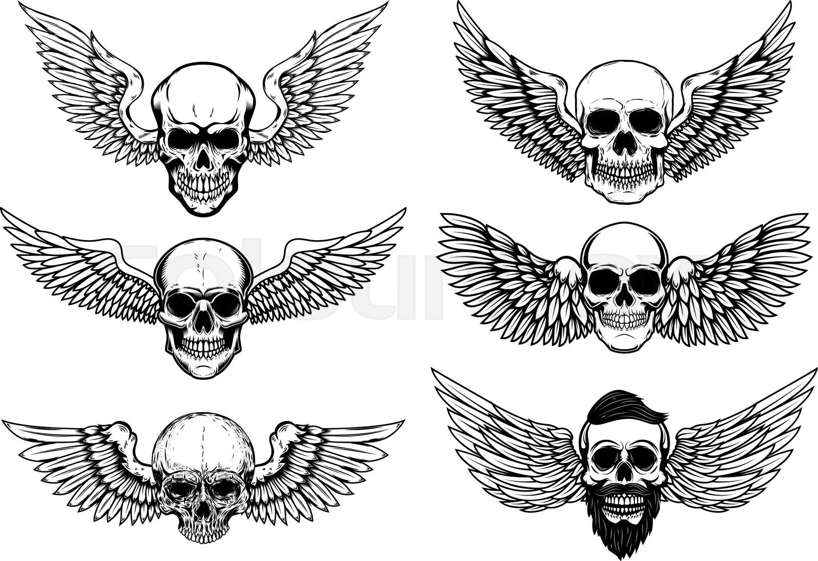 Set of winged human skull isolated on white. Design element for logo ...