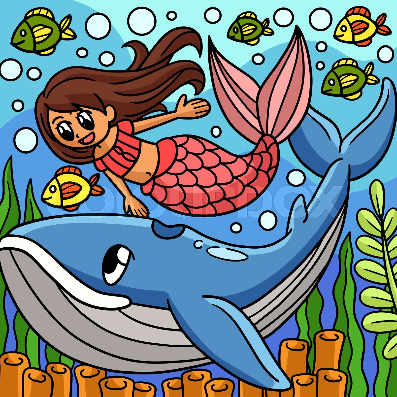 Mermaid With Whale Colored Cartoon Illustration | Stock vector | Colourbox