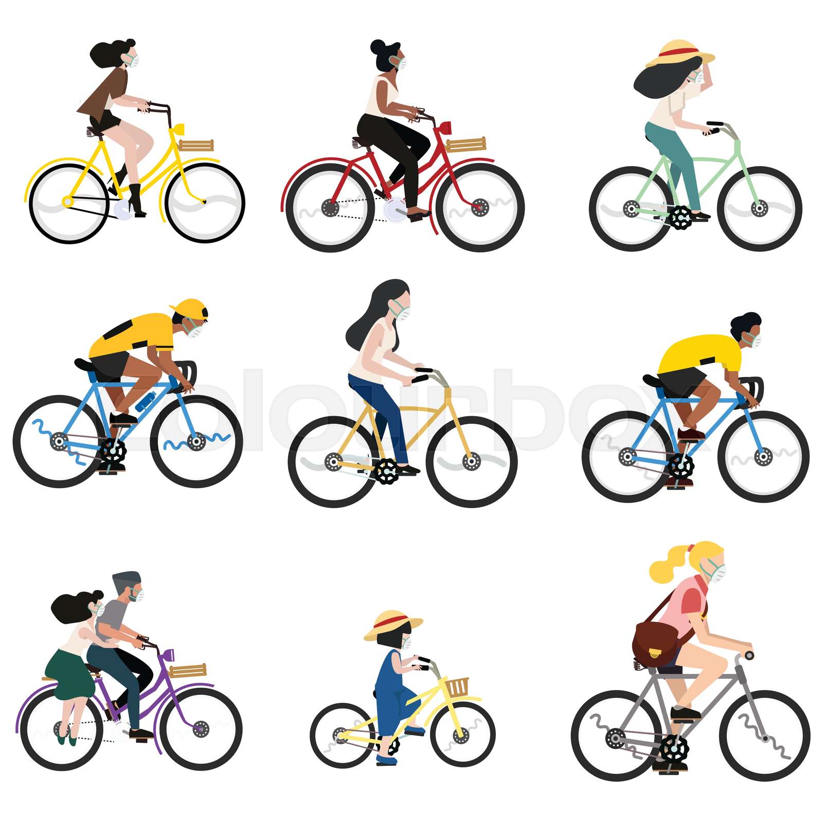 people riding bicycle activity a bicycle set | Stock vector | Colourbox