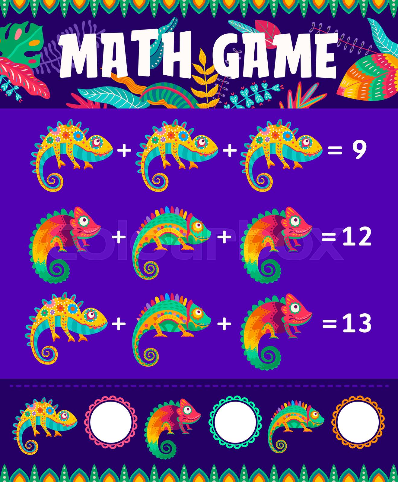 Mexican cartoon chameleons, math game worksheet | Stock vector | Colourbox