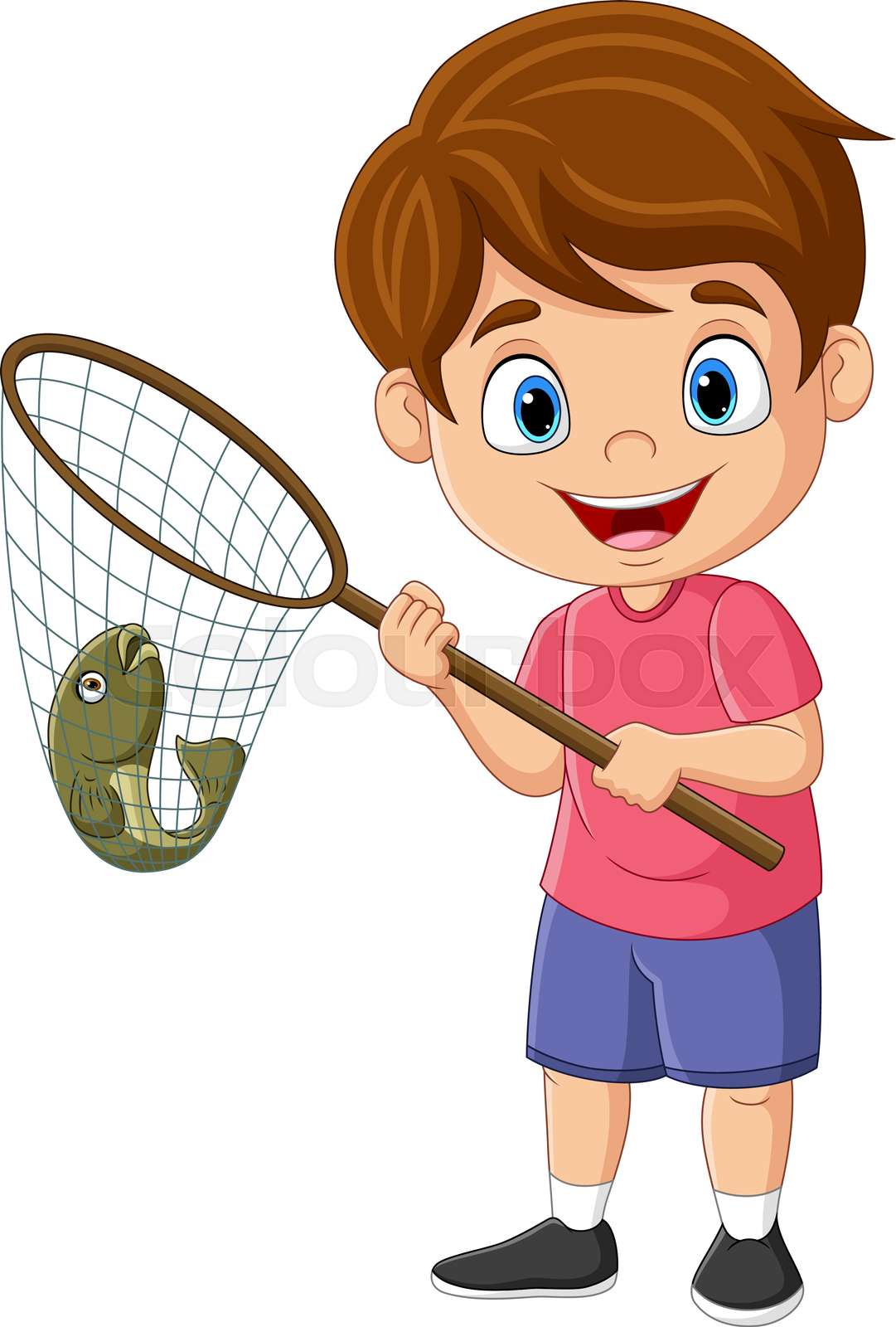 Cartoon little boy catching fish with net | Stock vector | Colourbox