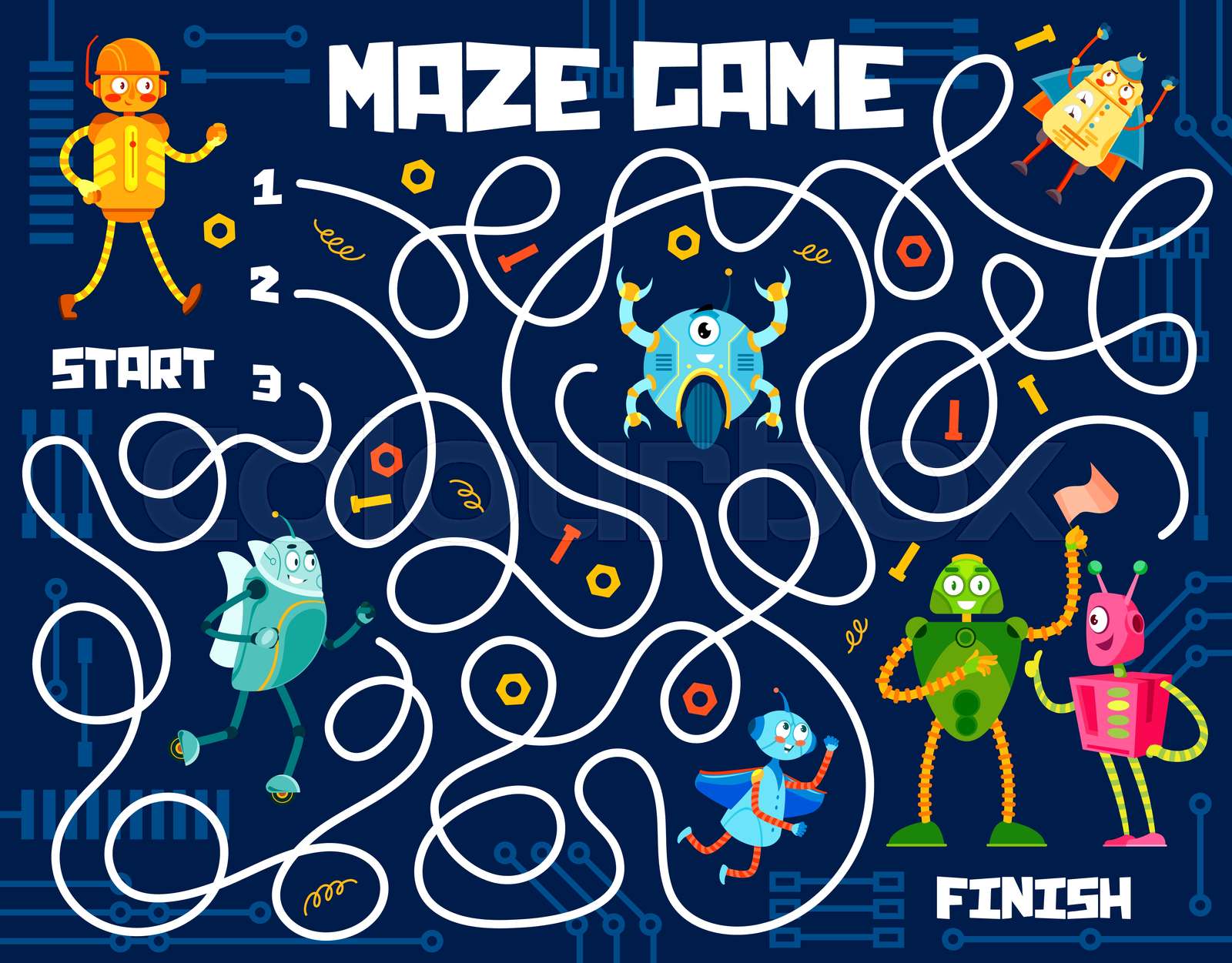 Labyrinth maze, cartoon funny robots, kids game | Stock vector | Colourbox