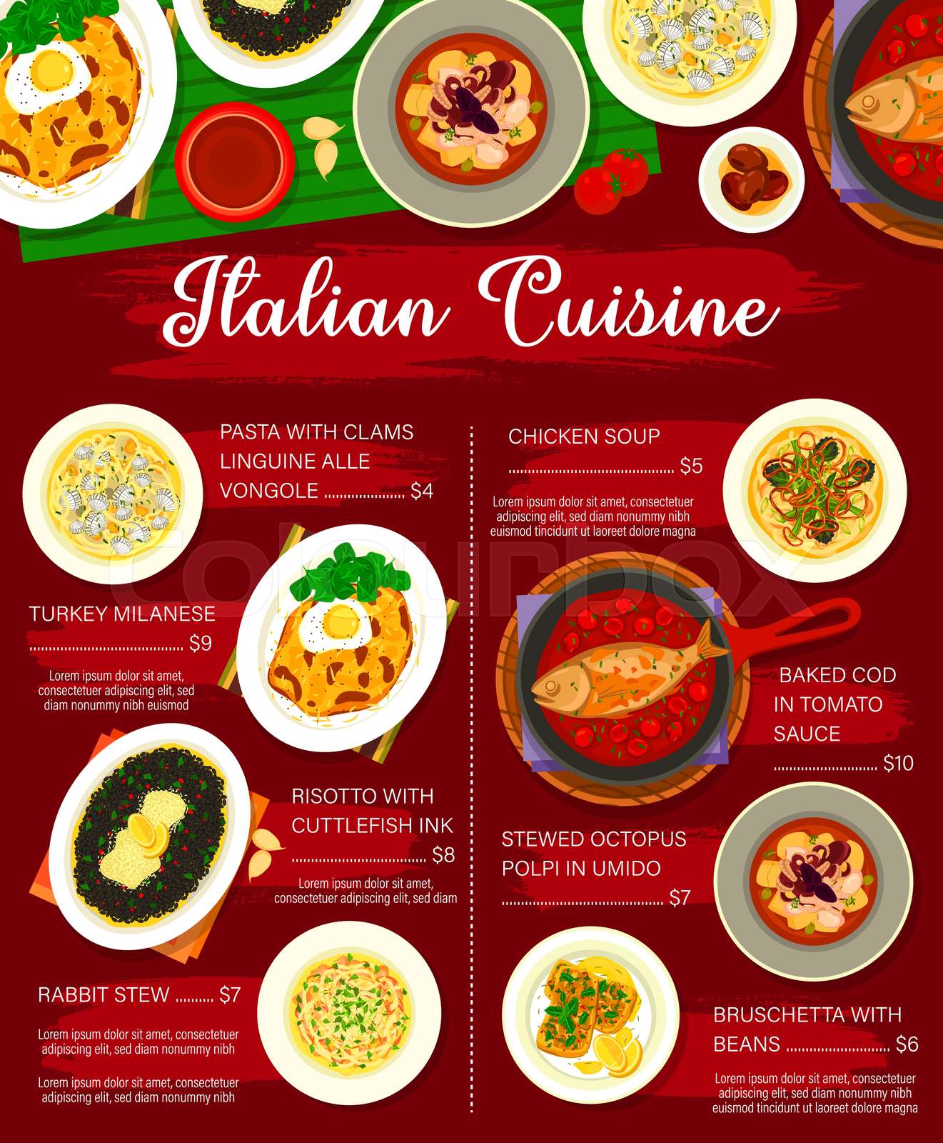 Italian food restaurant meals menu vector template | Stock vector ...