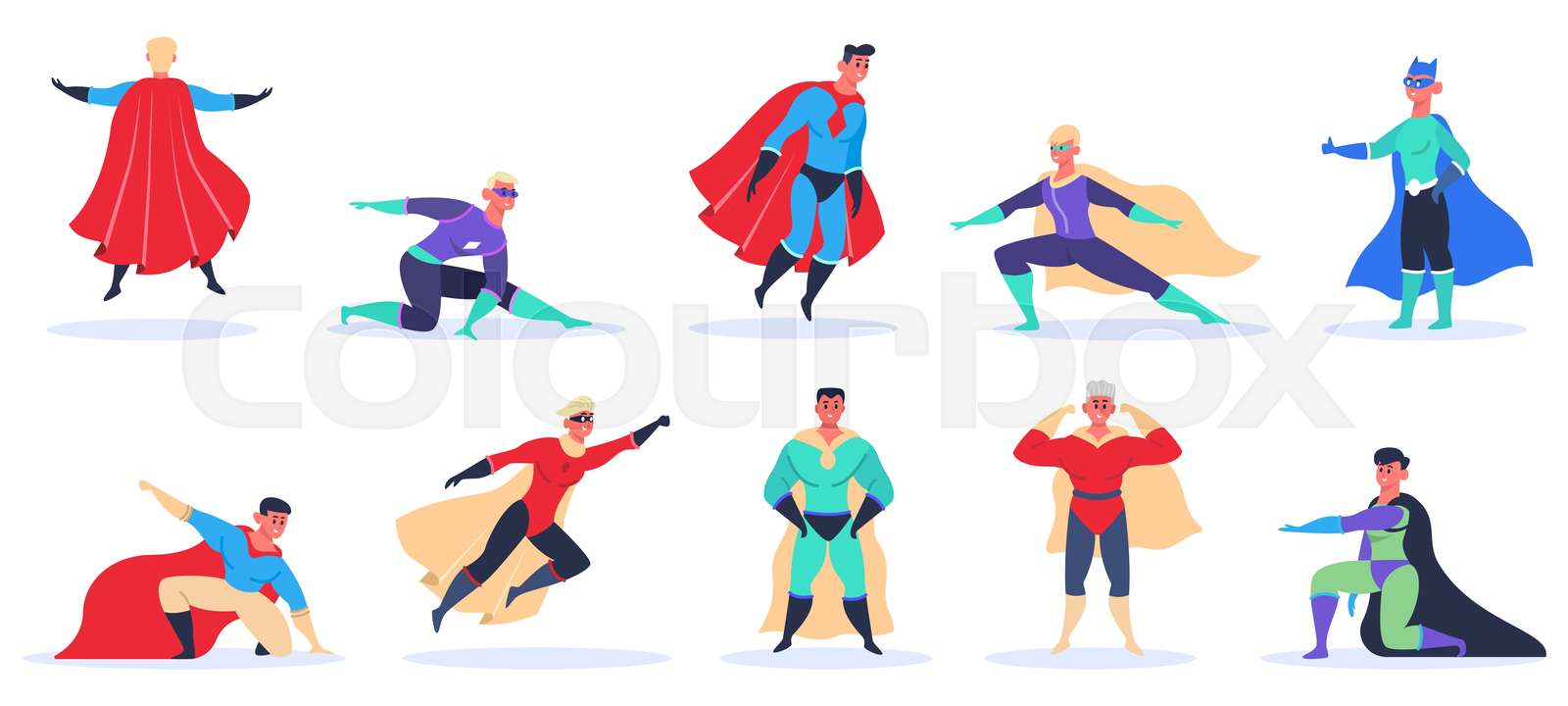 Male superhero characters. Muscular handsome superman in superheroes ...