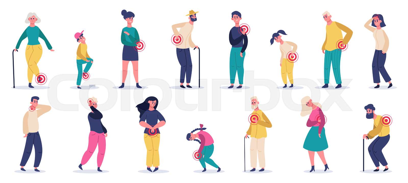 People suffering from pain. Adult, elderly and children characters in ...