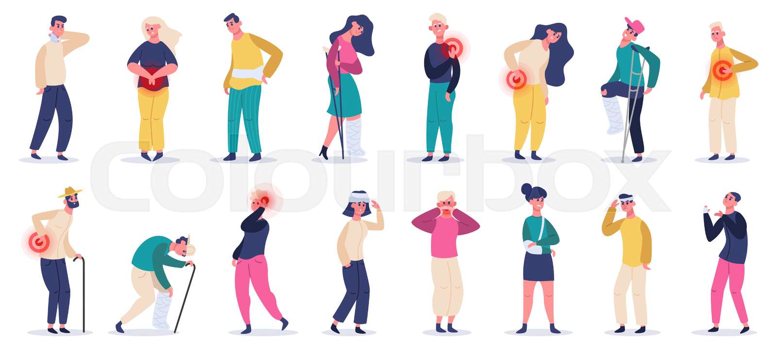 Injured people. Adult characters suffering from pain, injuries and ...