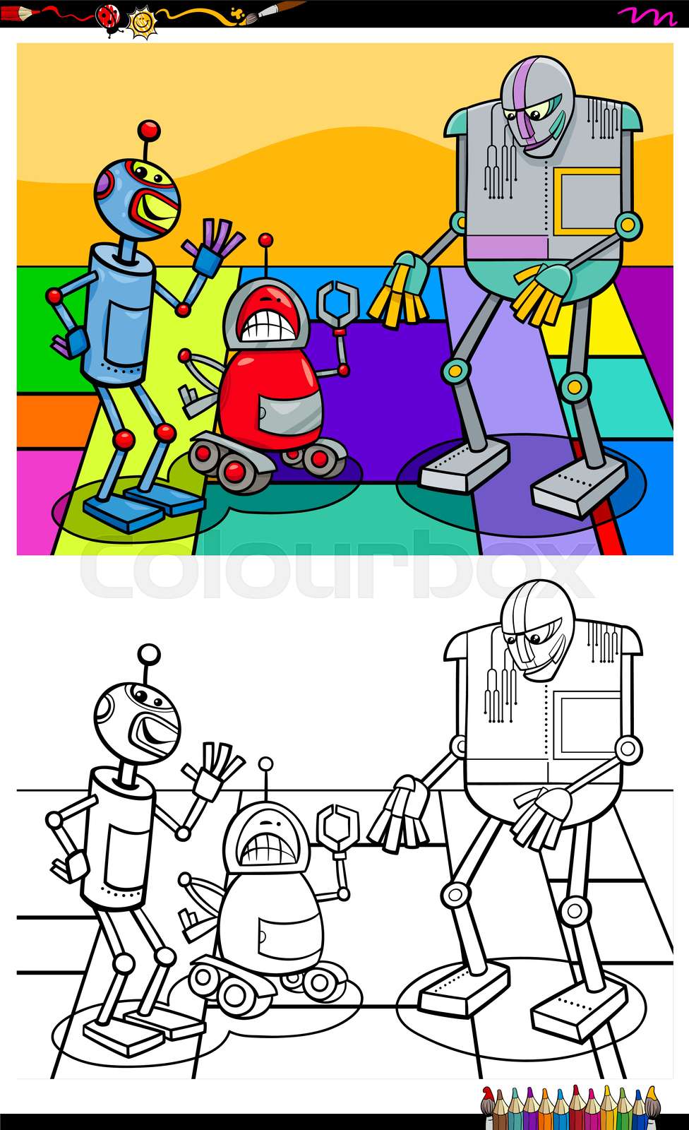 funny robot characters group coloring book | Stock vector | Colourbox