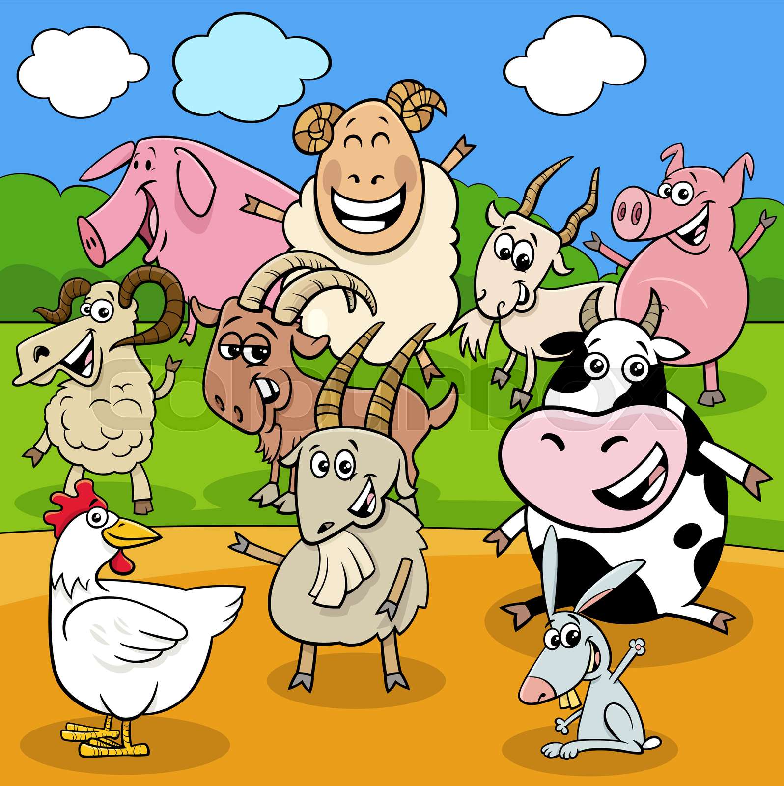 cartoon farm animals characters group in the countryside | Stock vector ...