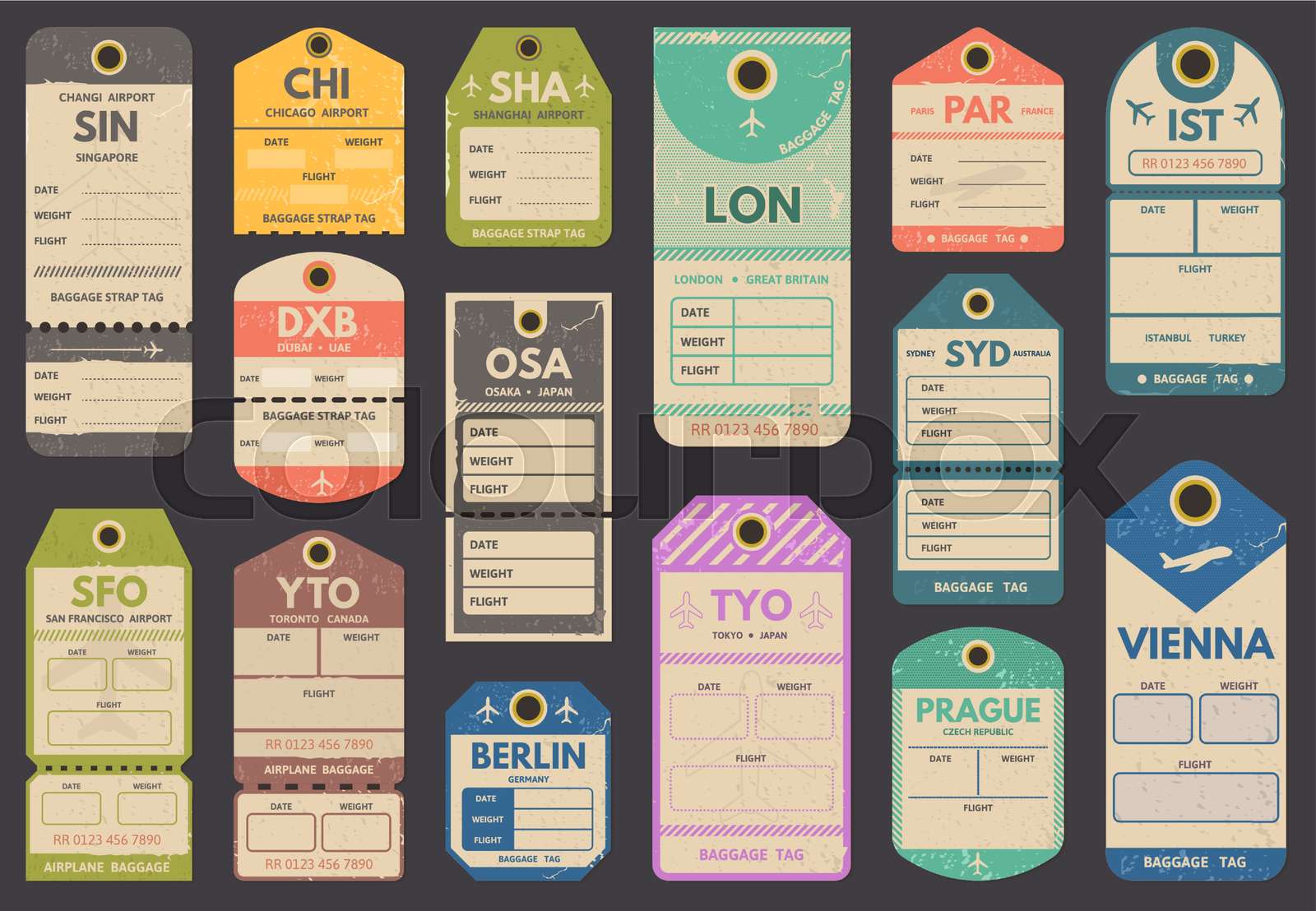 Travel luggage retro tags, airport country labels. Retro travel, flight ...