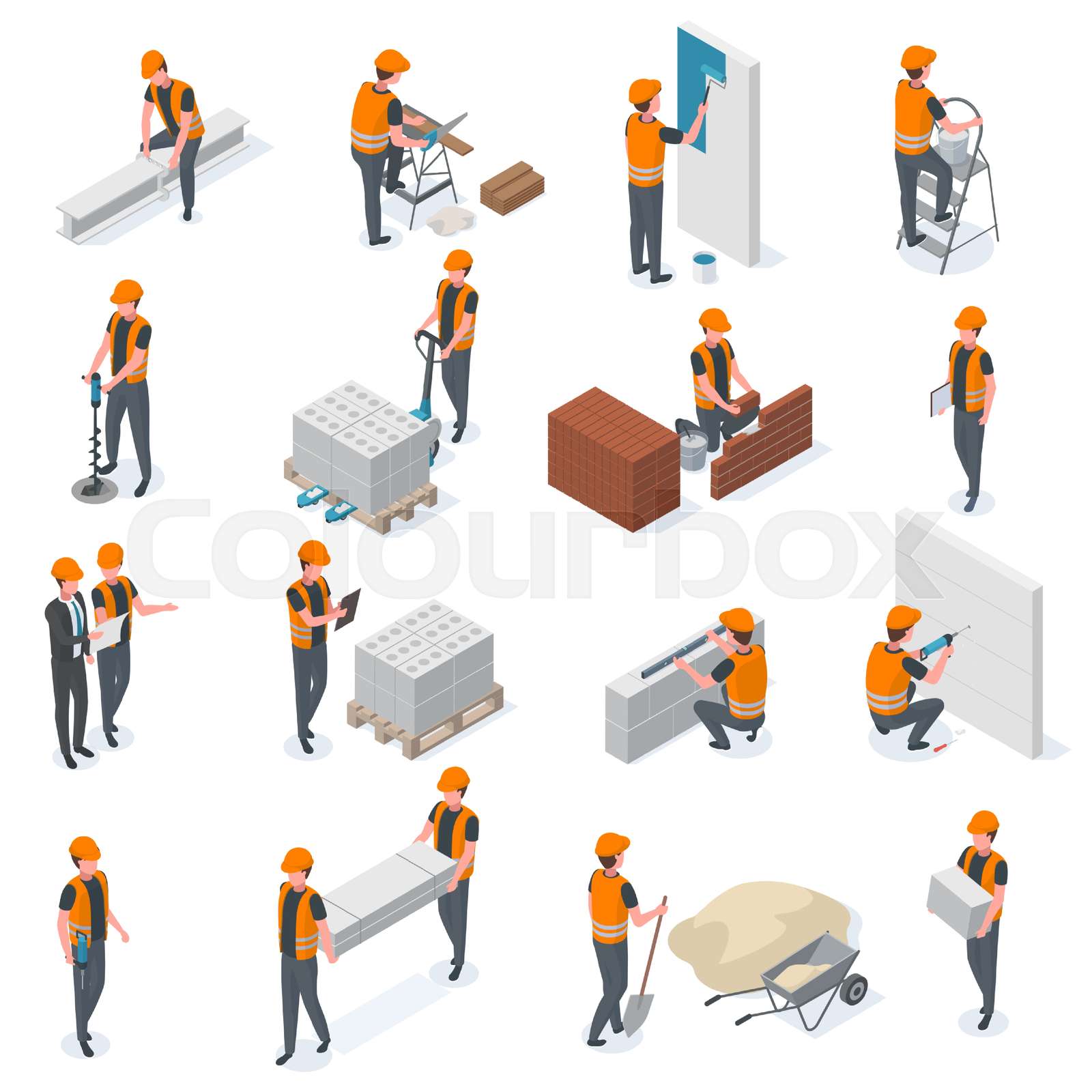 Isometric construction workers, builders and engineer characters ...