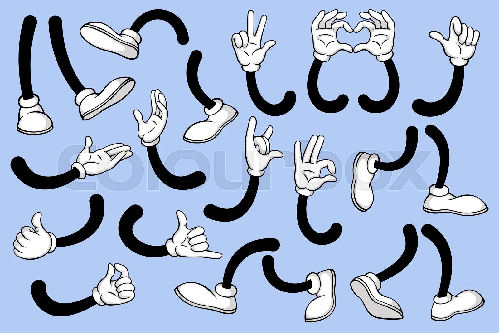 Cartoon legs and hands. Leg in white boots and gloved hand, comic feet ...