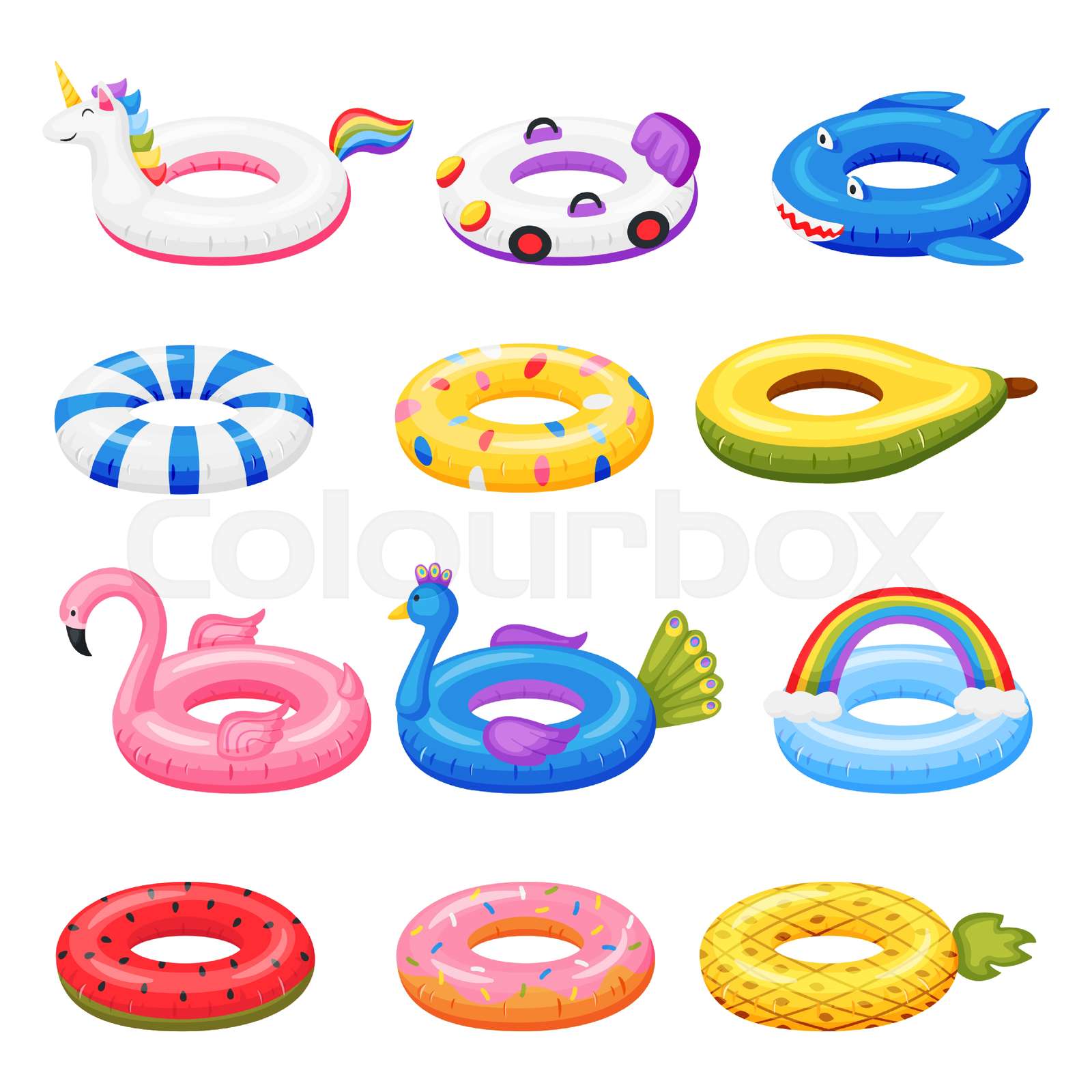 Swimming toy. Cartoon rubber inflatable rings in various shapes unicorn ...