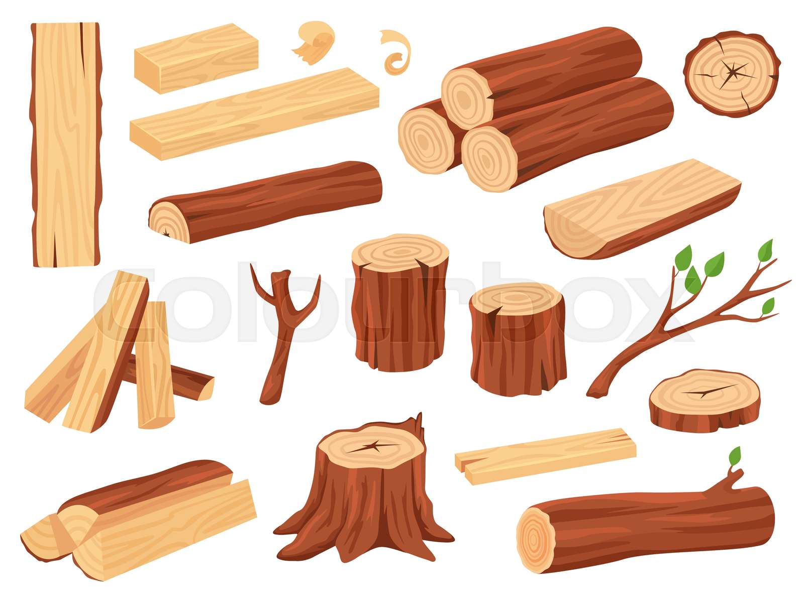 Cartoon wood log. Tree trunks, stumps, planks, piled firewood, branches ...