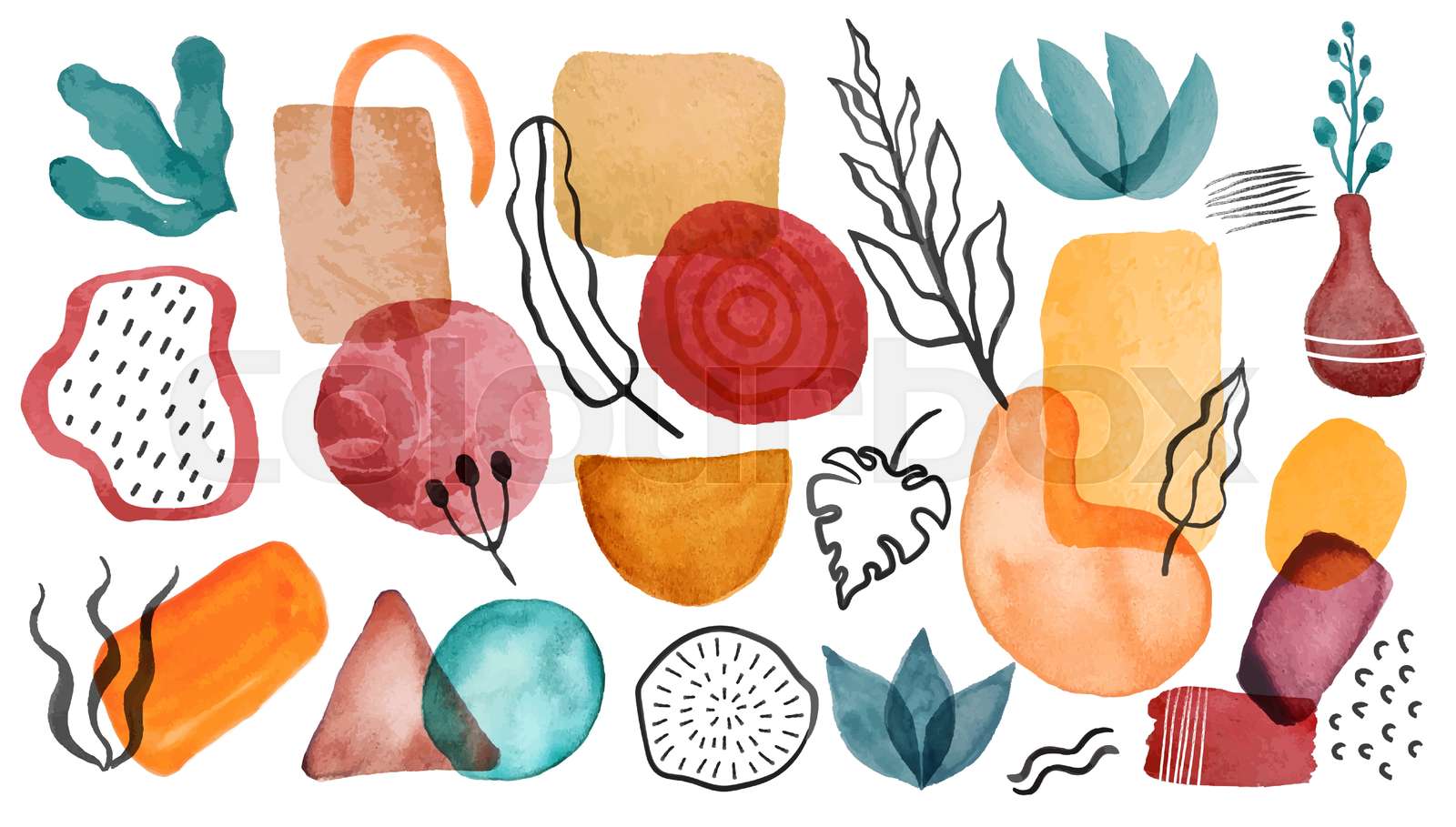 Watercolor shapes. Hand painted watercolor circles, blobs, leaves ...