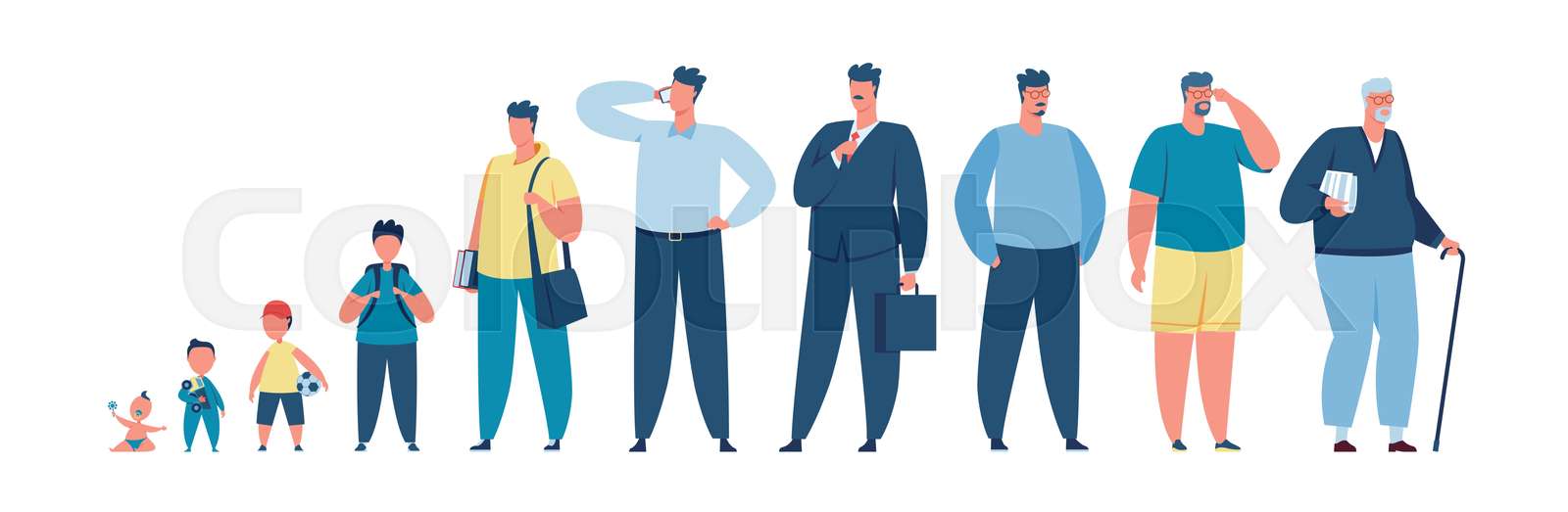 Man in different ages, newborn, child, teenager, adult. Male character ...