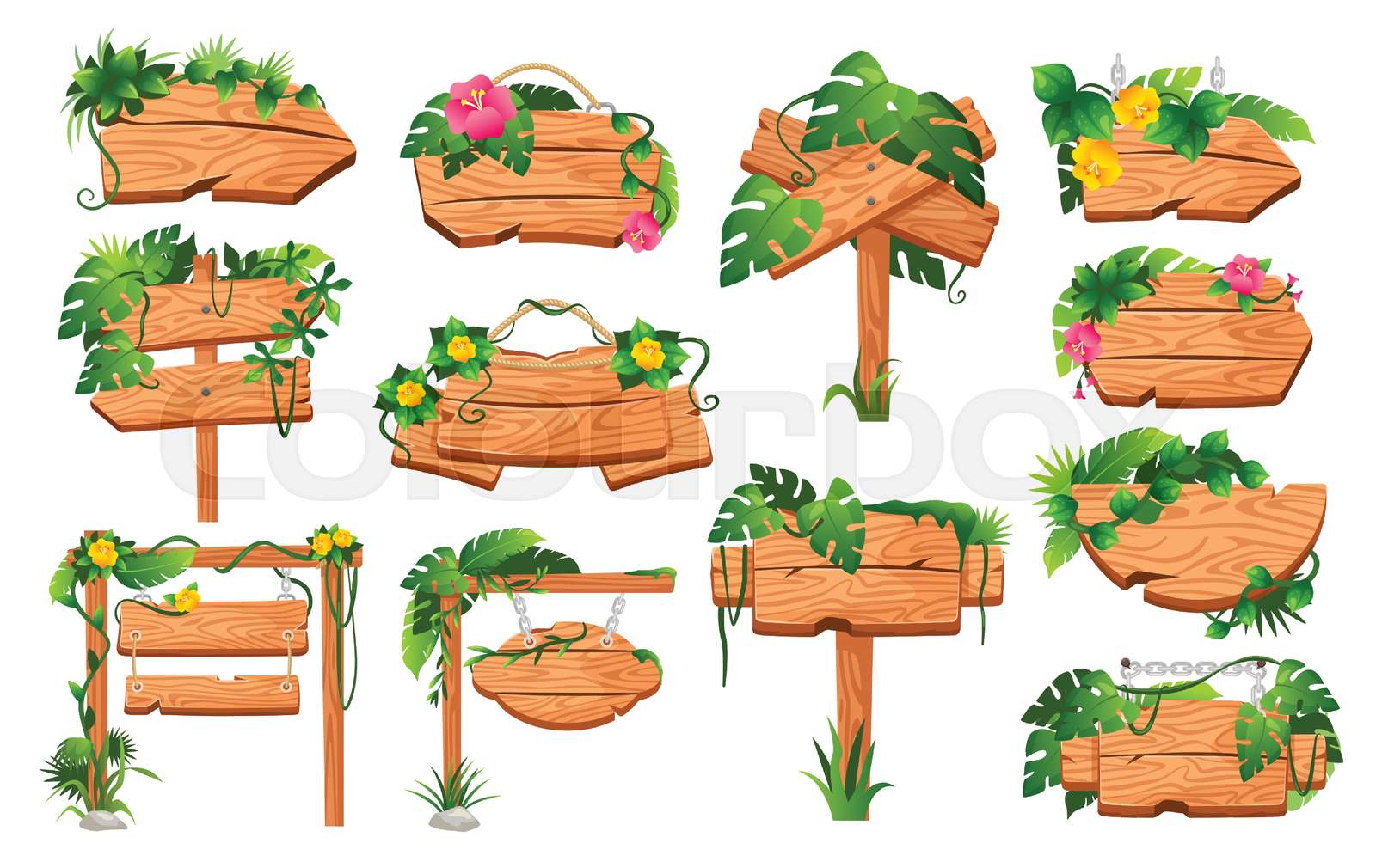 Cartoon jungle wood boards with tropical leaves, flowers and lianas ...