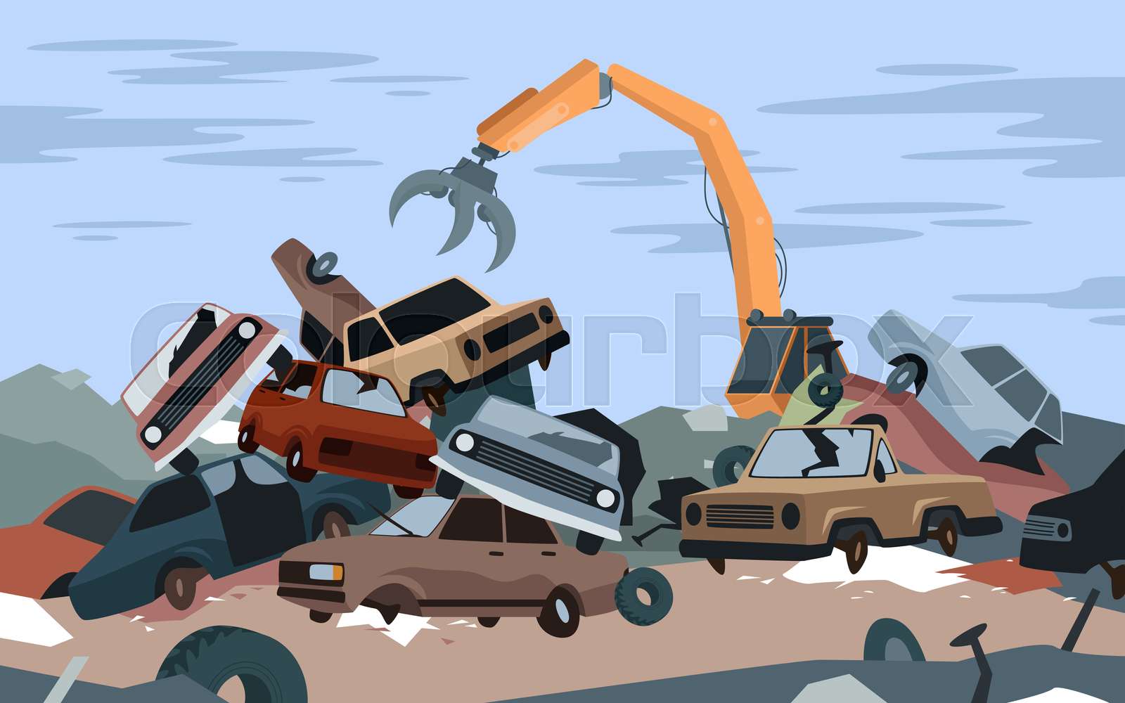 Cartoon steel crane working, dismantling scrapyard with old broken and ...