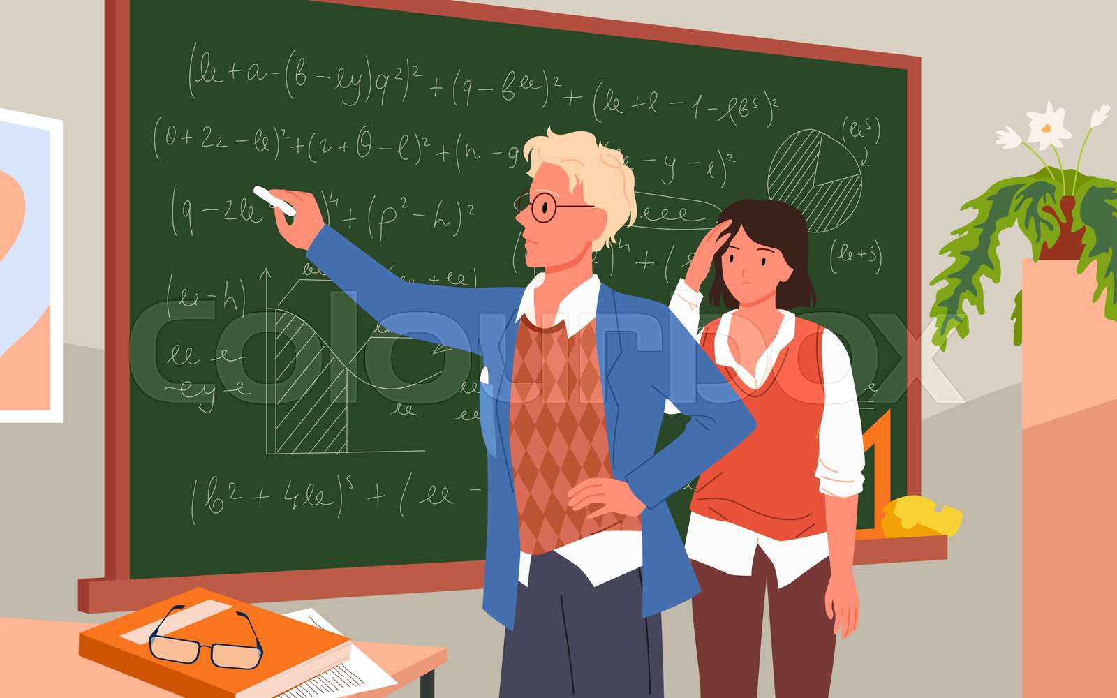 Teacher explaining math in class at school, man standing at blackboard ...