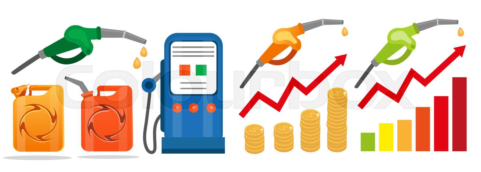 petrol fuel icon set flat style refueling gun and canister, Rising gas ...