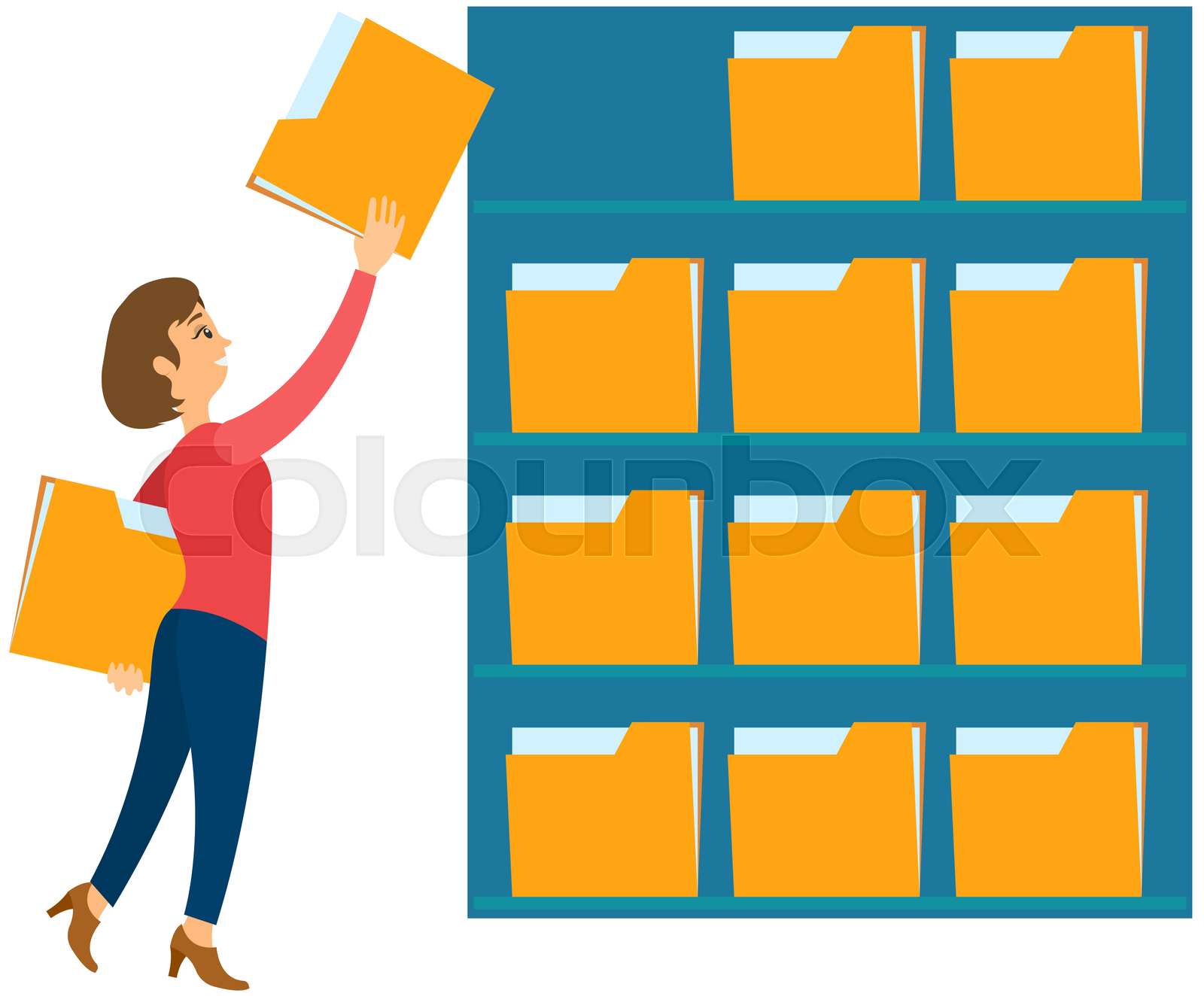 Cloud data storage technology. Business woman put in document drawer folder in cloud-shaped ...