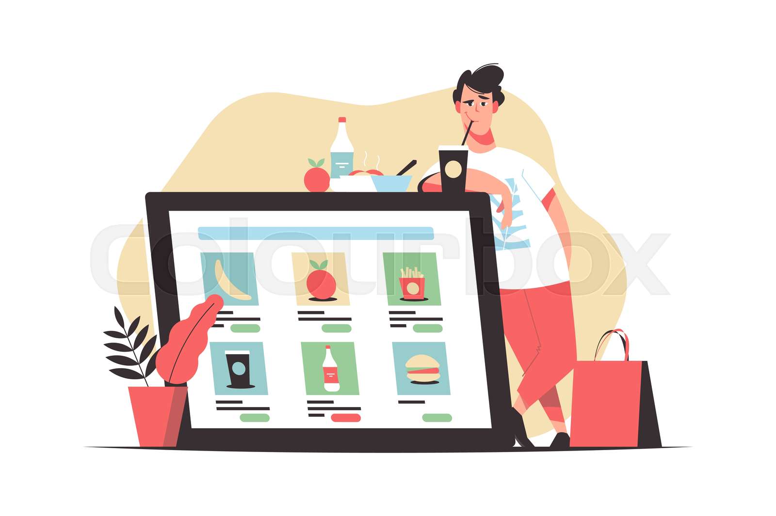 Guy order food online via device | Stock vector | Colourbox