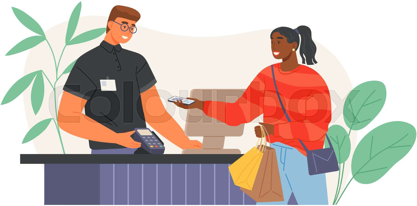 Woman paying with smartphone and cashier holding wireless payment ...