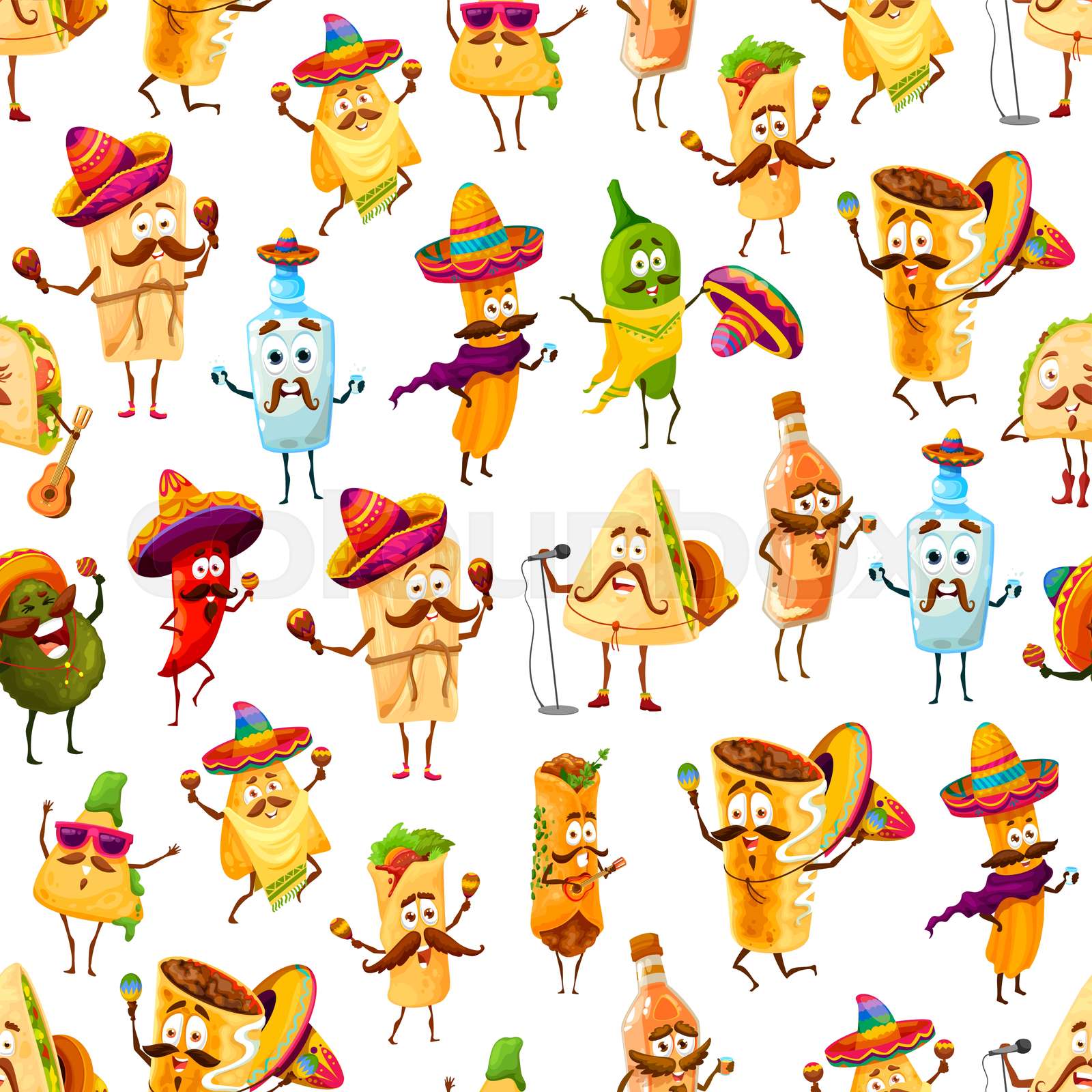 Mexican cartoon Tex Mex food characters pattern | Stock vector | Colourbox