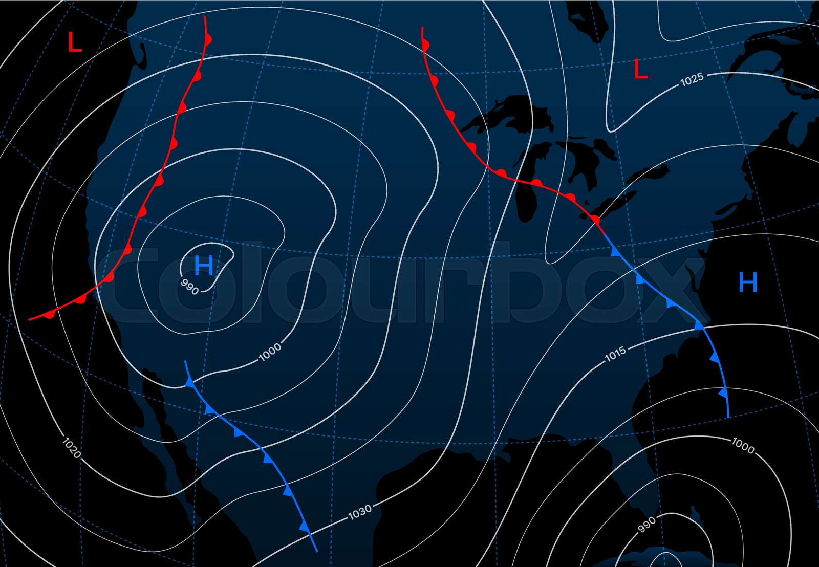 Forecast weather isobar map, wind front | Stock vector | Colourbox
