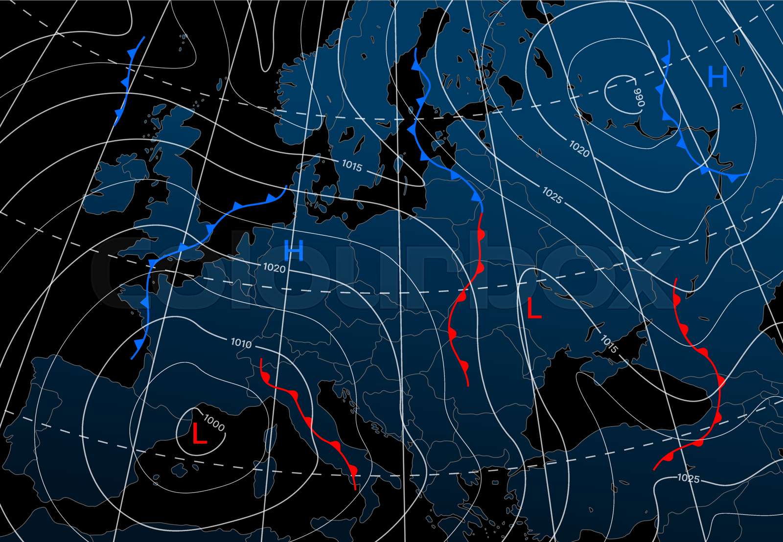 Forecast weather isobar night map of Europe | Stock vector | Colourbox
