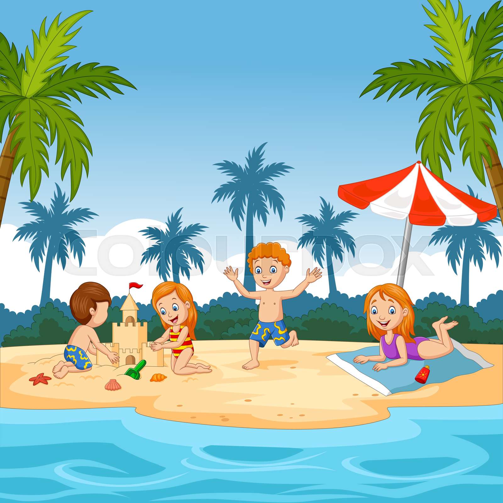 Kids Playing At The Beach Clip Art
