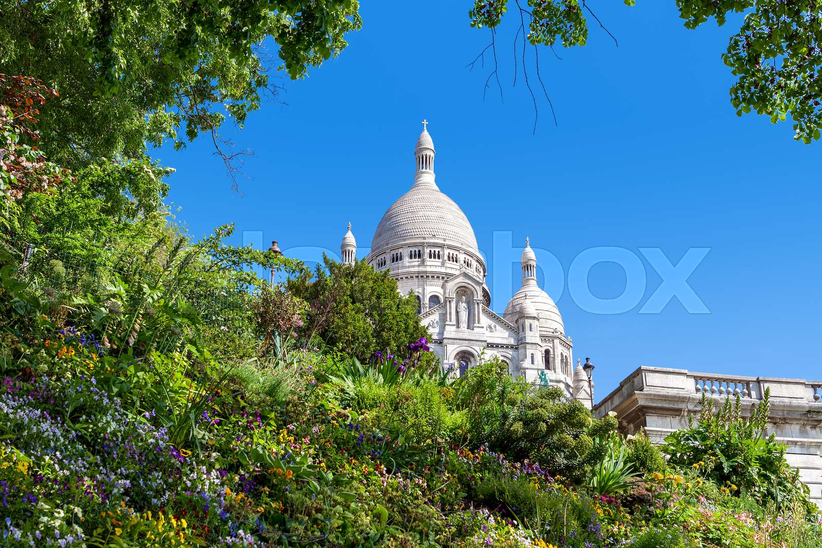 Sacre-Coeur Basilica and green flowerbed in Paris. | Stock image ...