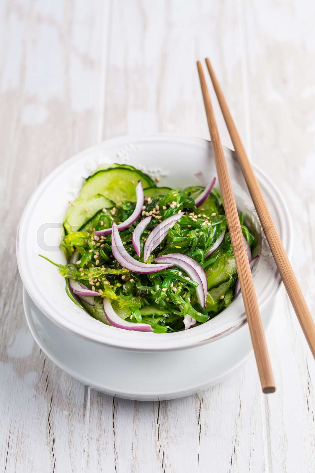 Traditional Japanese Sunomono salad with cucumber and wakame seaweed ...