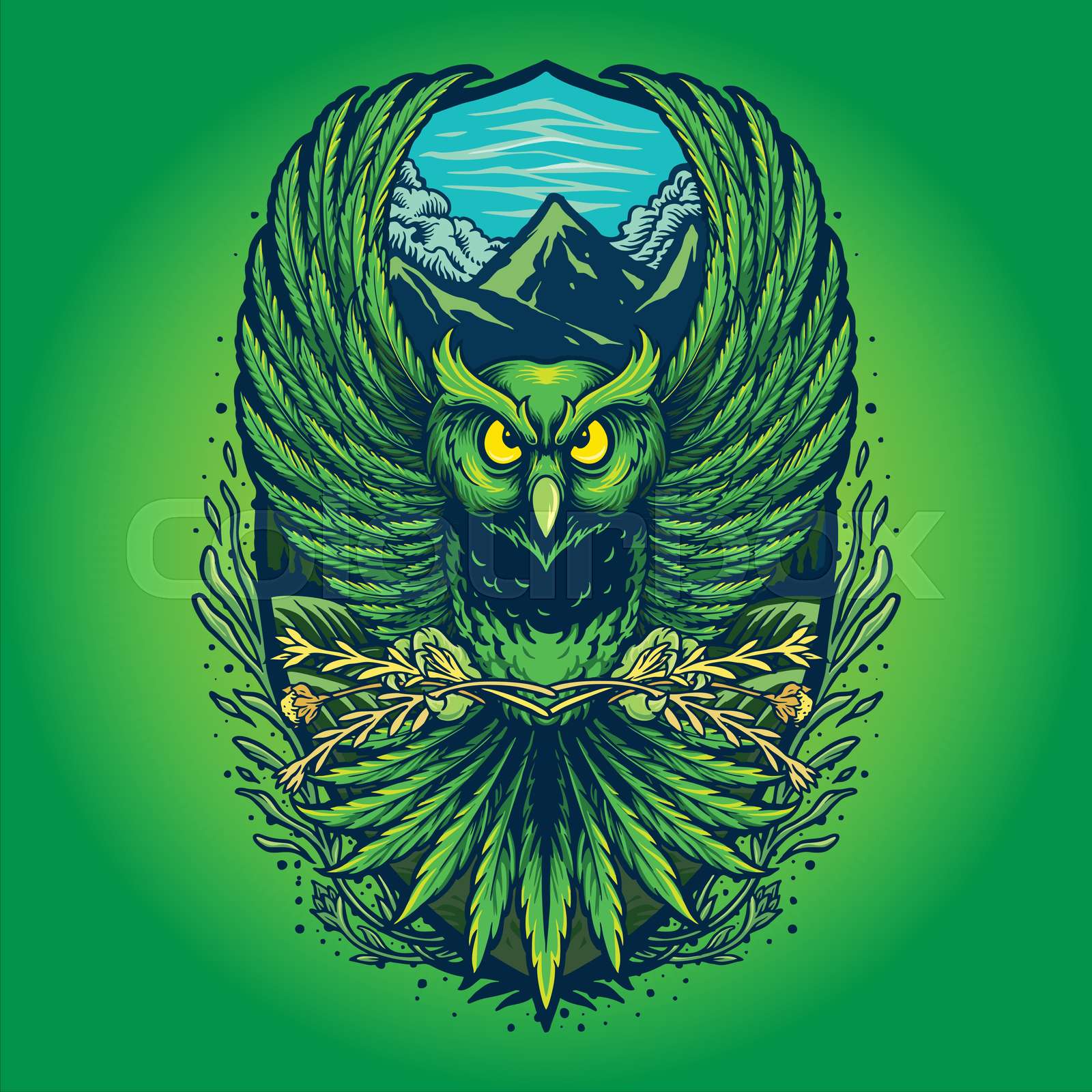 Owl flying with weed leaves mountain forest logo illustration | Stock ...