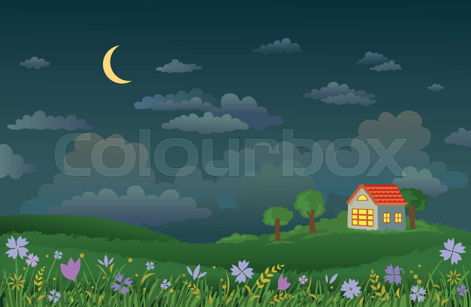 Vector illustration of beautiful landscape at night. | Stock vector ...