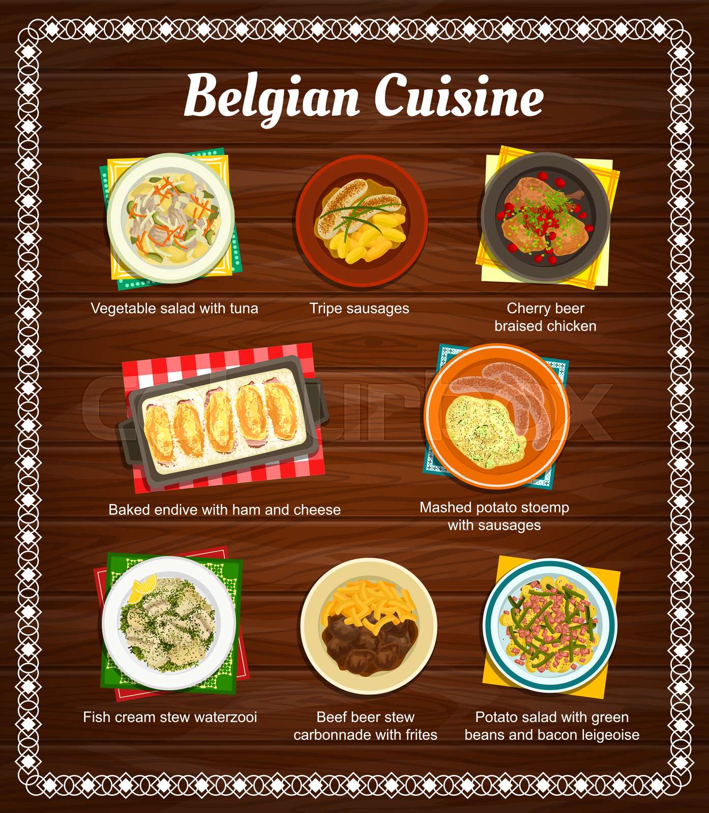 Belgian cuisine dishes menu page vector template | Stock vector | Colourbox