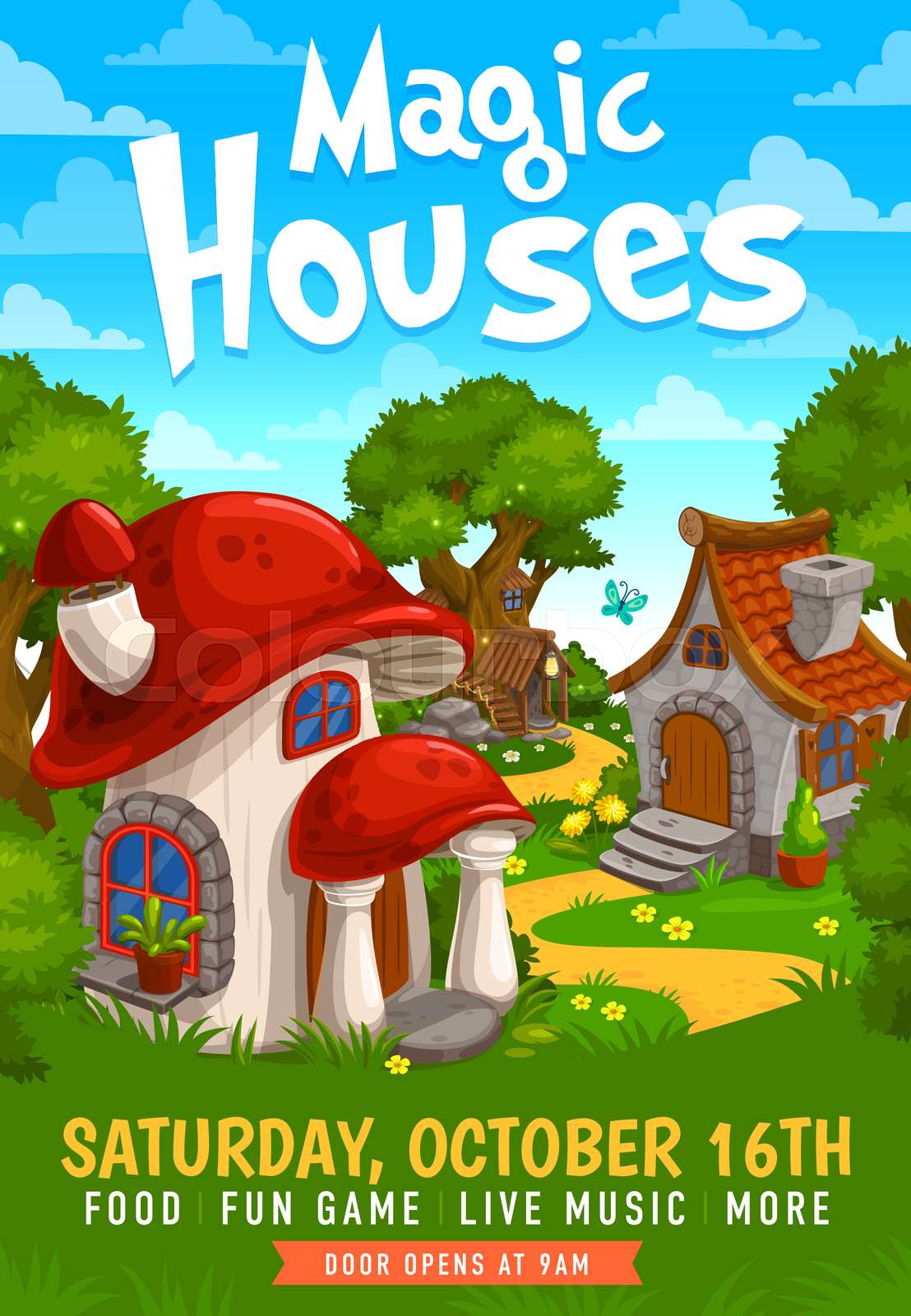 Kids party flyer with cartoon elf houses village | Stock vector | Colourbox