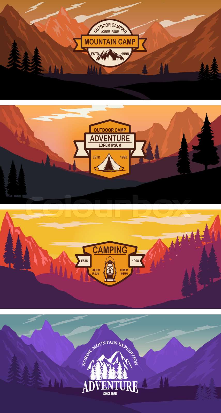 Set of poster template with wild mountains landscape. Design element ...