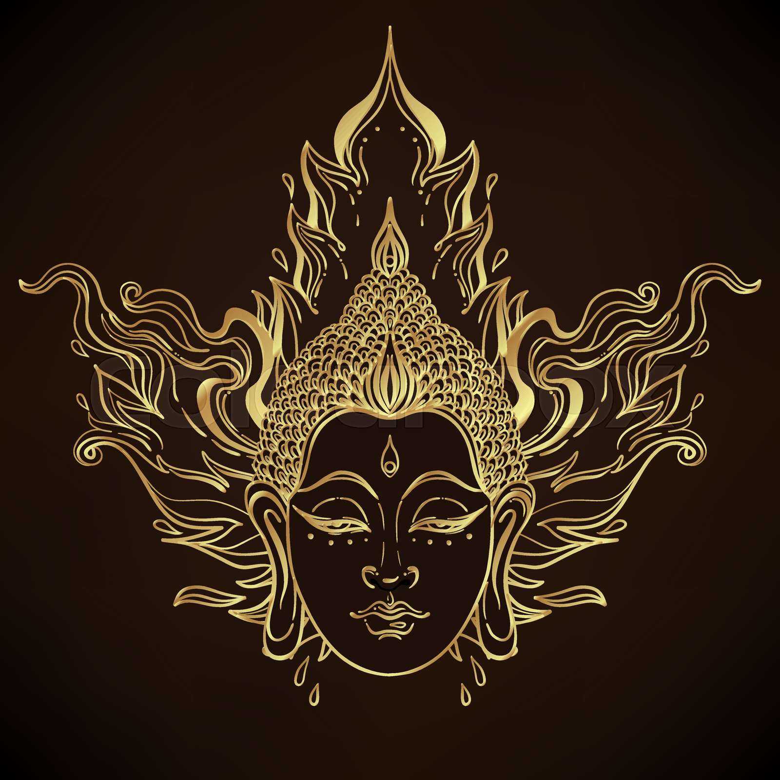 Buddha face over ornate traditional Thai pattern. Esoteric vintage ...