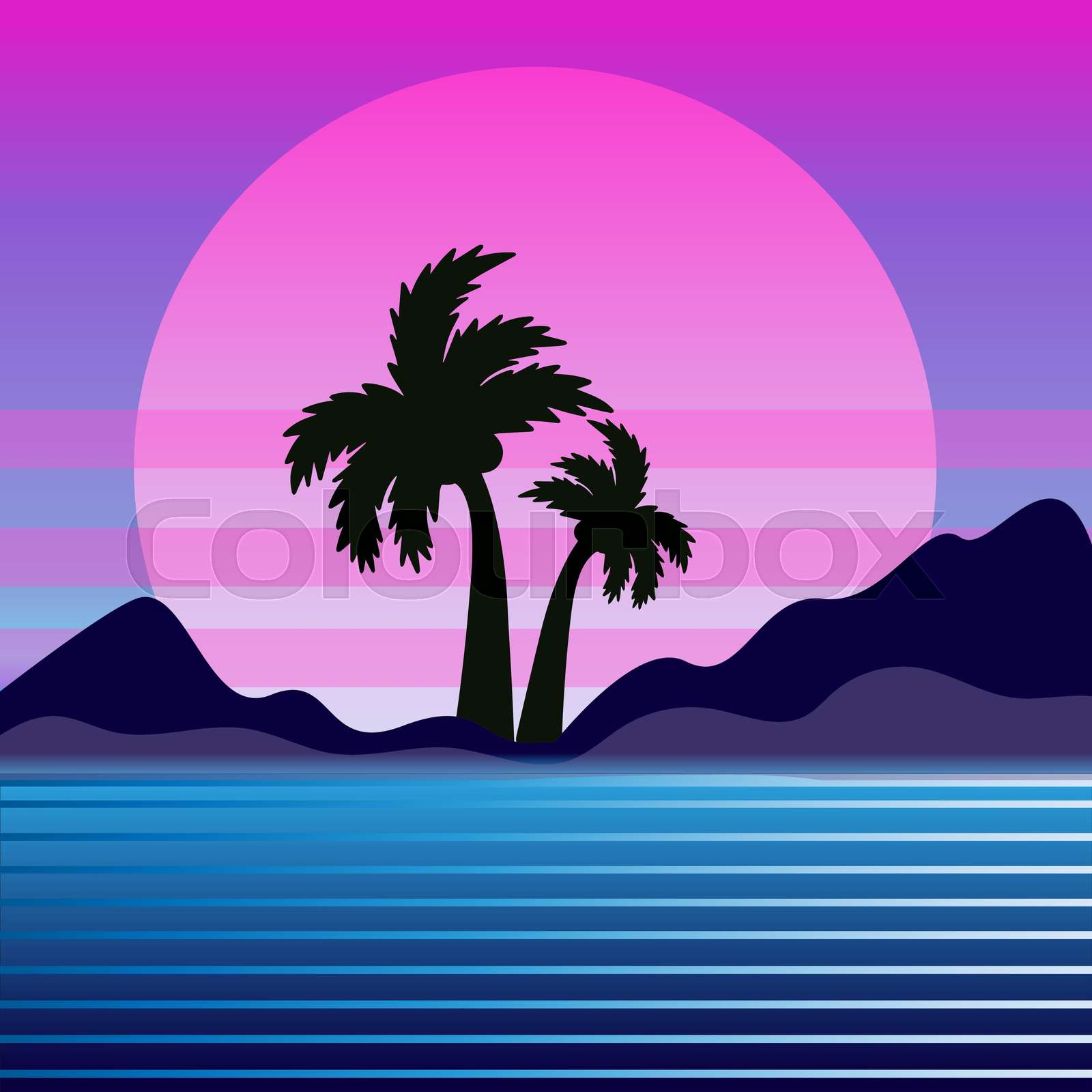 Sunset With Palm Trees In Retrowave Grunge Style. Future modern icon ...