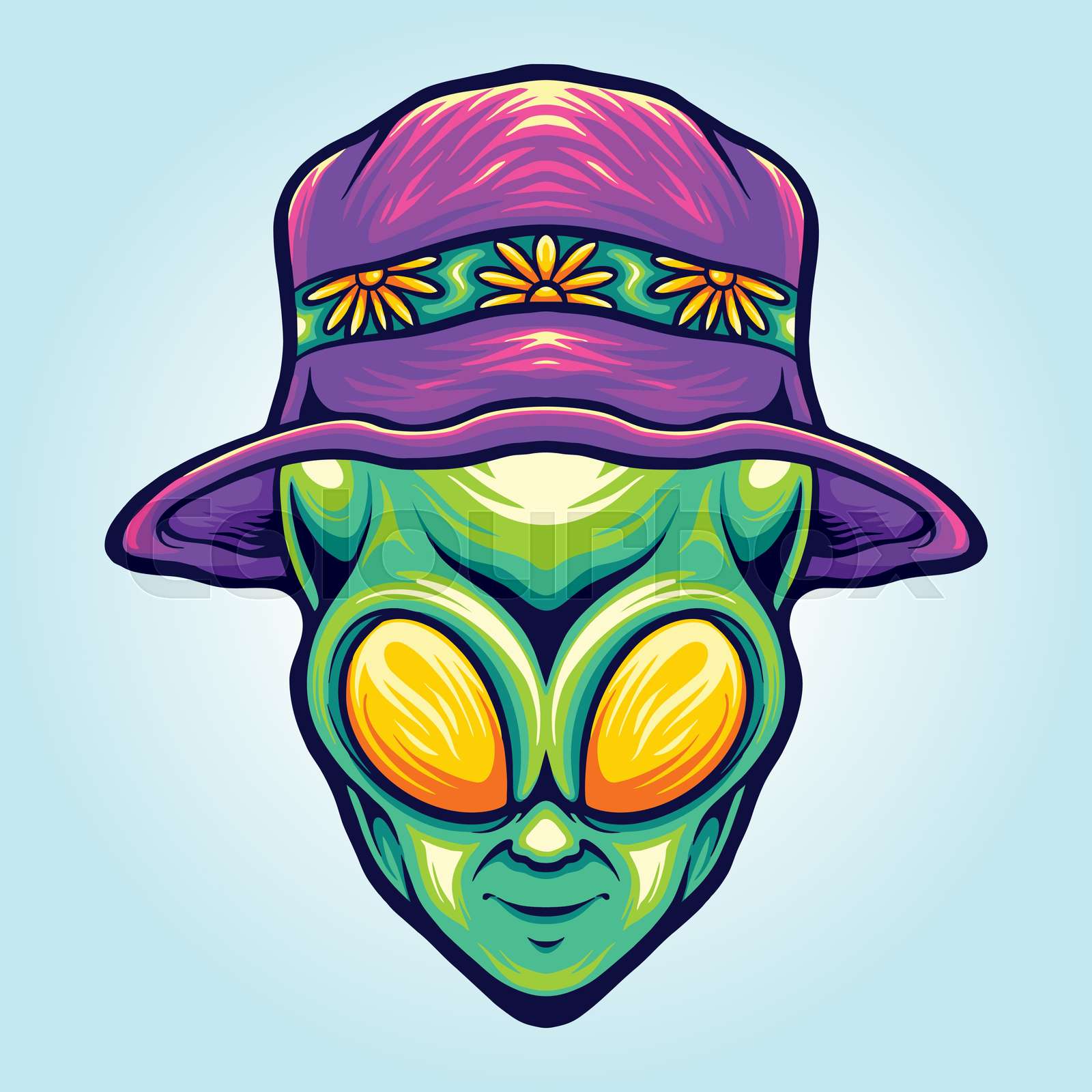 Funky alien head with summer beach hat illustrations | Stock vector ...