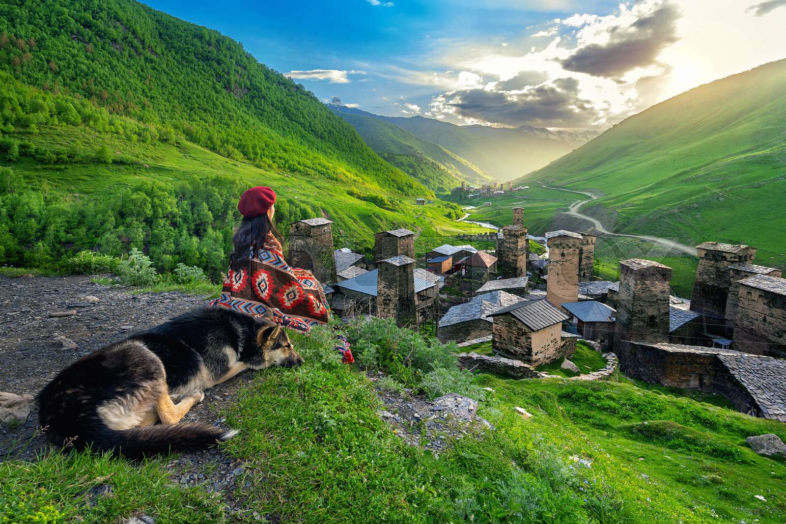 Tourist enjoy view of Ushguli village in Georgia. | Stock image | Colourbox