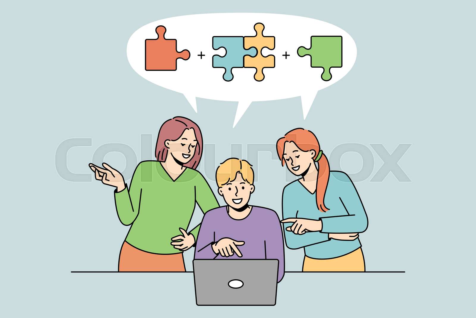Team work on computer finding solution | Stock vector | Colourbox