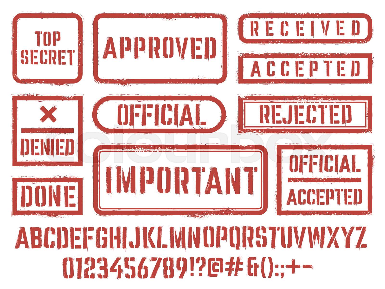 Rubber stamp font. Grunge alphabet letters, rejected and approved stamps in frames with texture ...