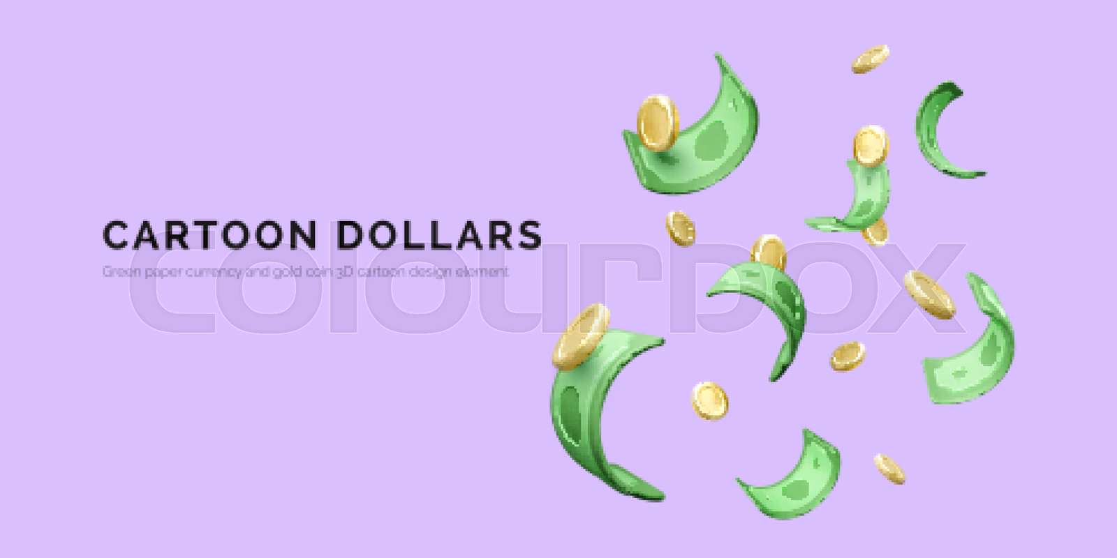 Falling 3D cartoon money. Realistic green currency and gold coin ...