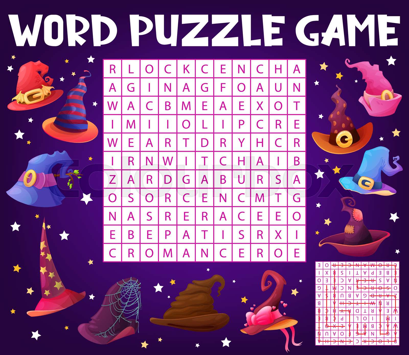 Halloween wizard and witch hats word search puzzle | Stock vector ...